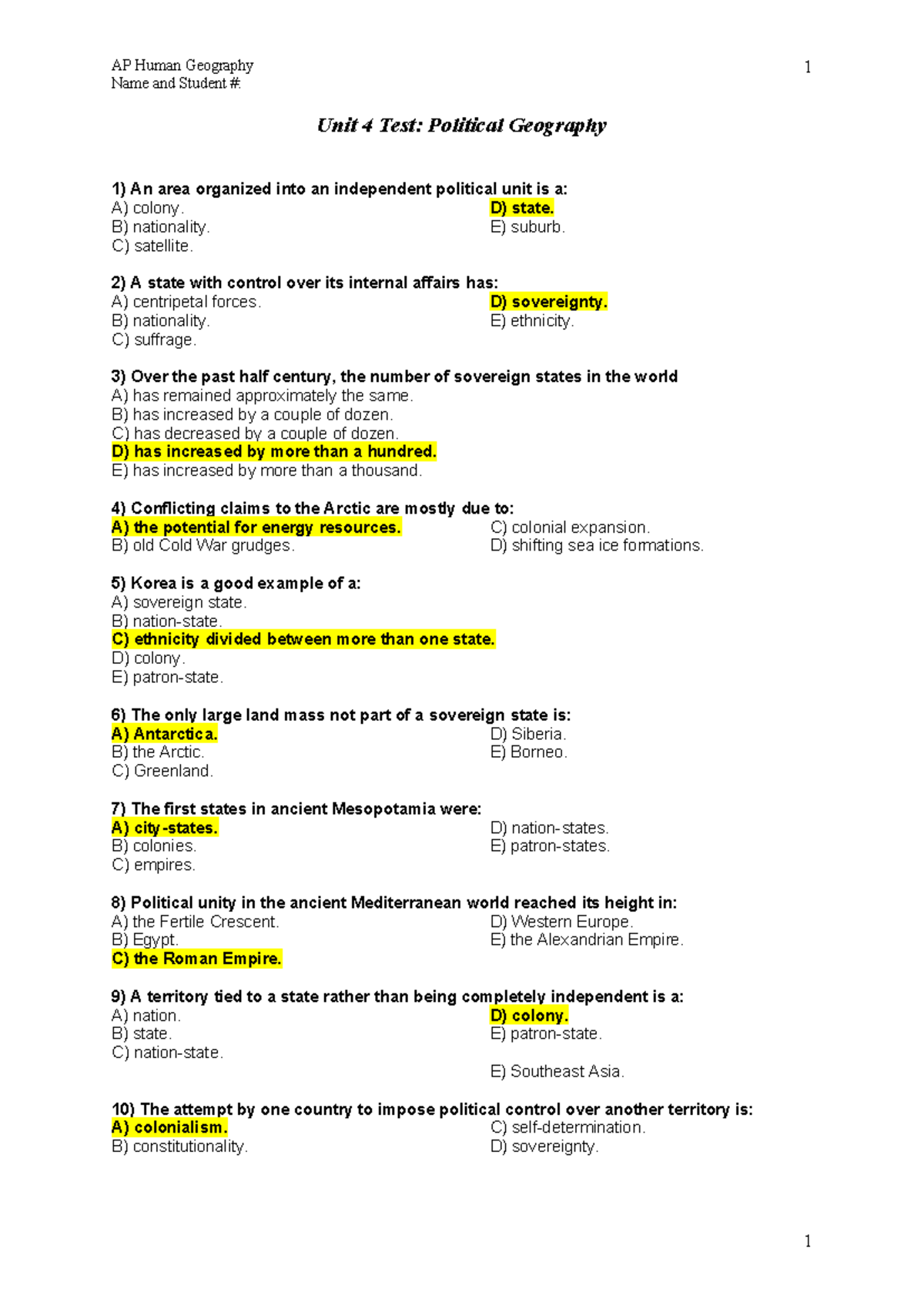 AP Human Geography 08 Unit 4 Test: Political Geography Insights - Studocu