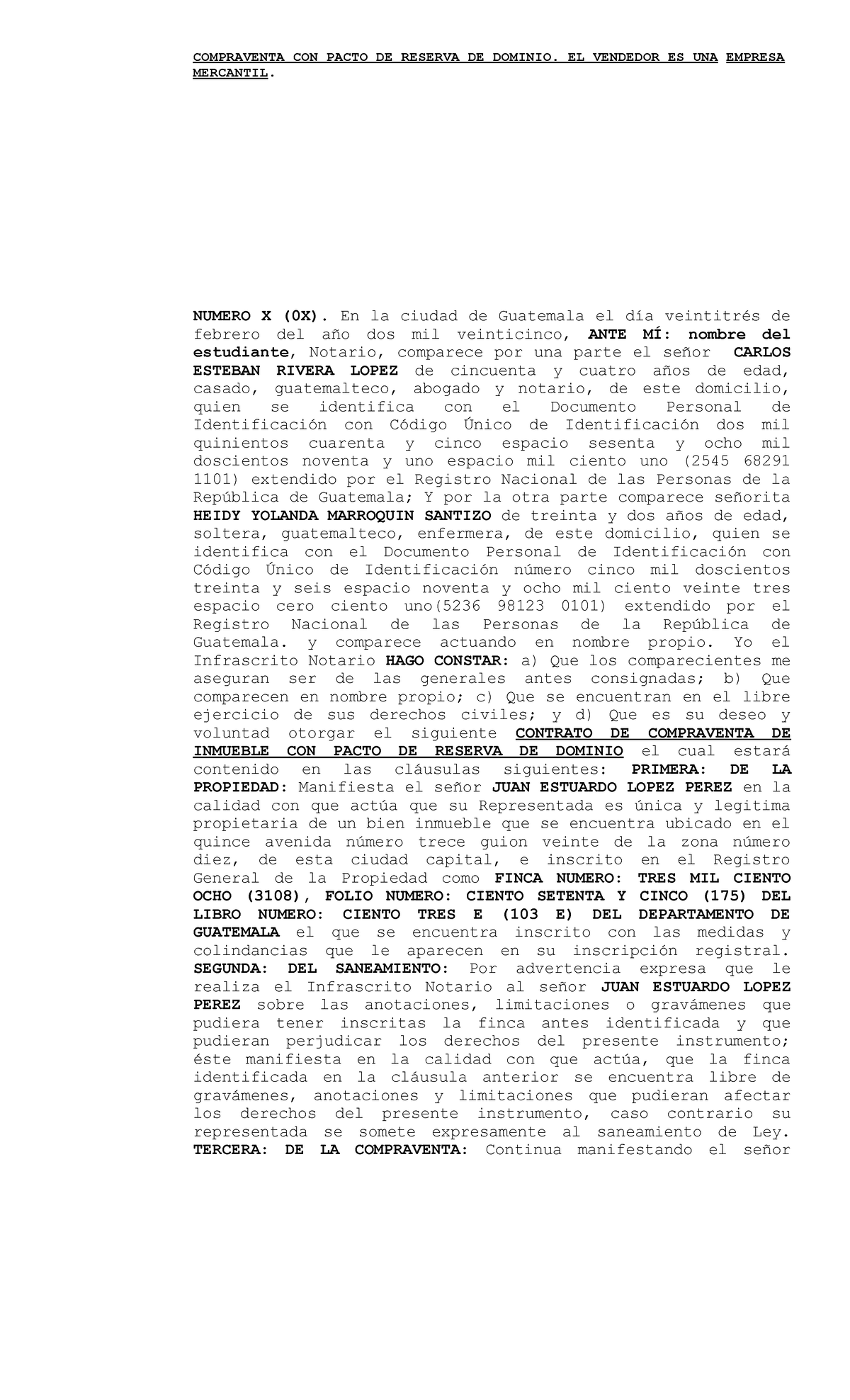 Contrato de Compraventa con Reserva de Dominio - Guatemala X (0X) - Studocu