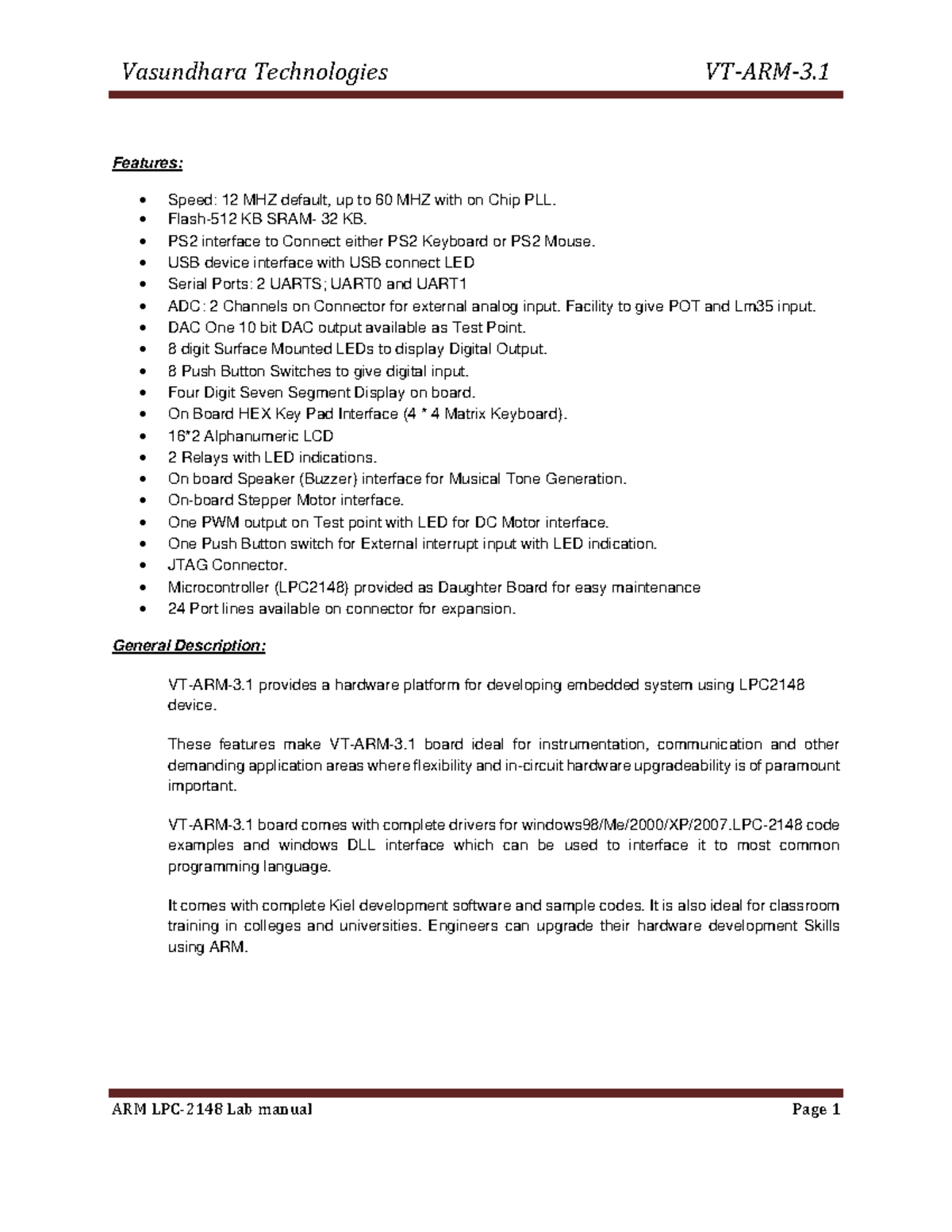 User Manual for VT-ARM-3.1 with LPC2148 Microcontroller Setup - Studocu