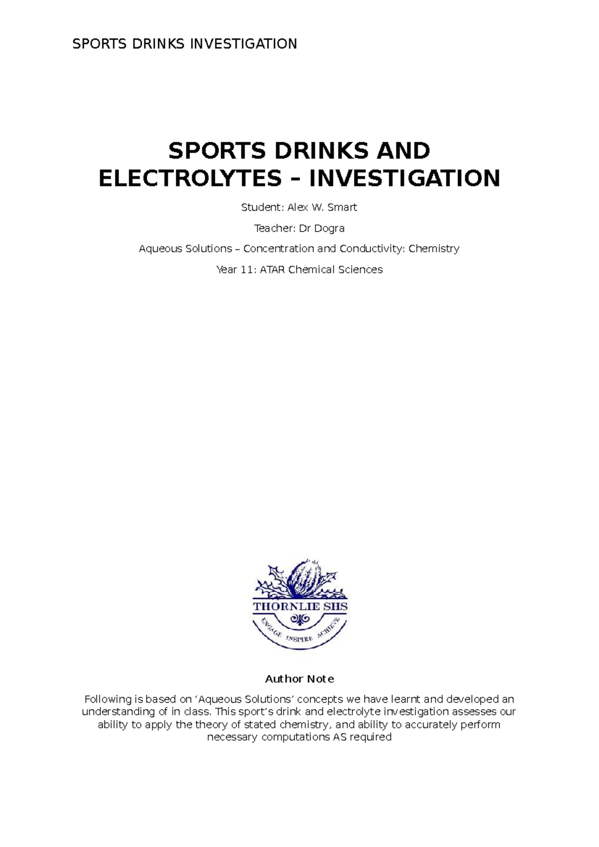 CHEMISTRY ATAR: Sports Drinks & Electrolytes Investigation Report - Studocu