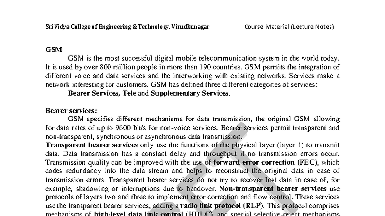 IT6601 Lecture Notes: GSM and GPRS Mobile Architecture Overview - Studocu