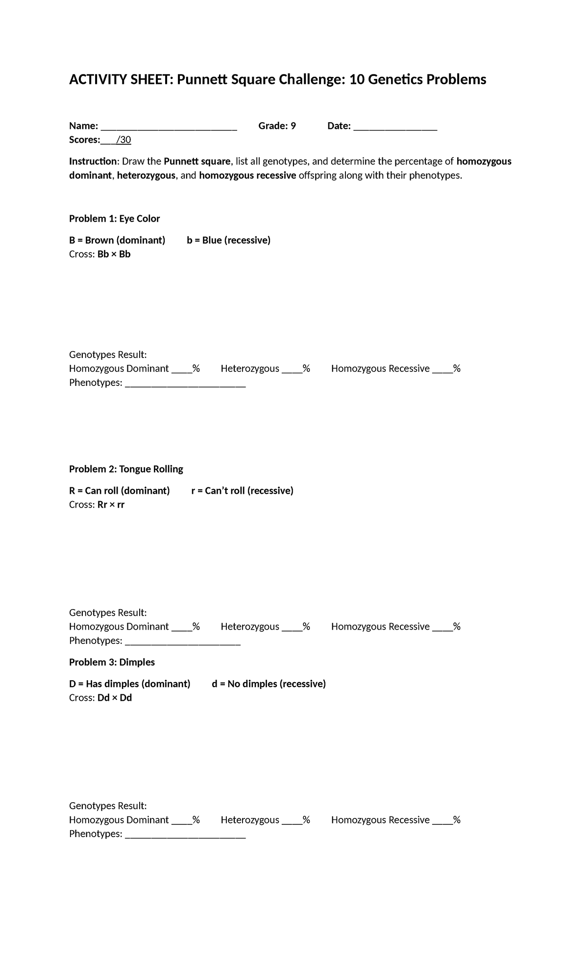 G8 Genetics: Punnett Square Activity Sheet for 10 Problems - Studocu