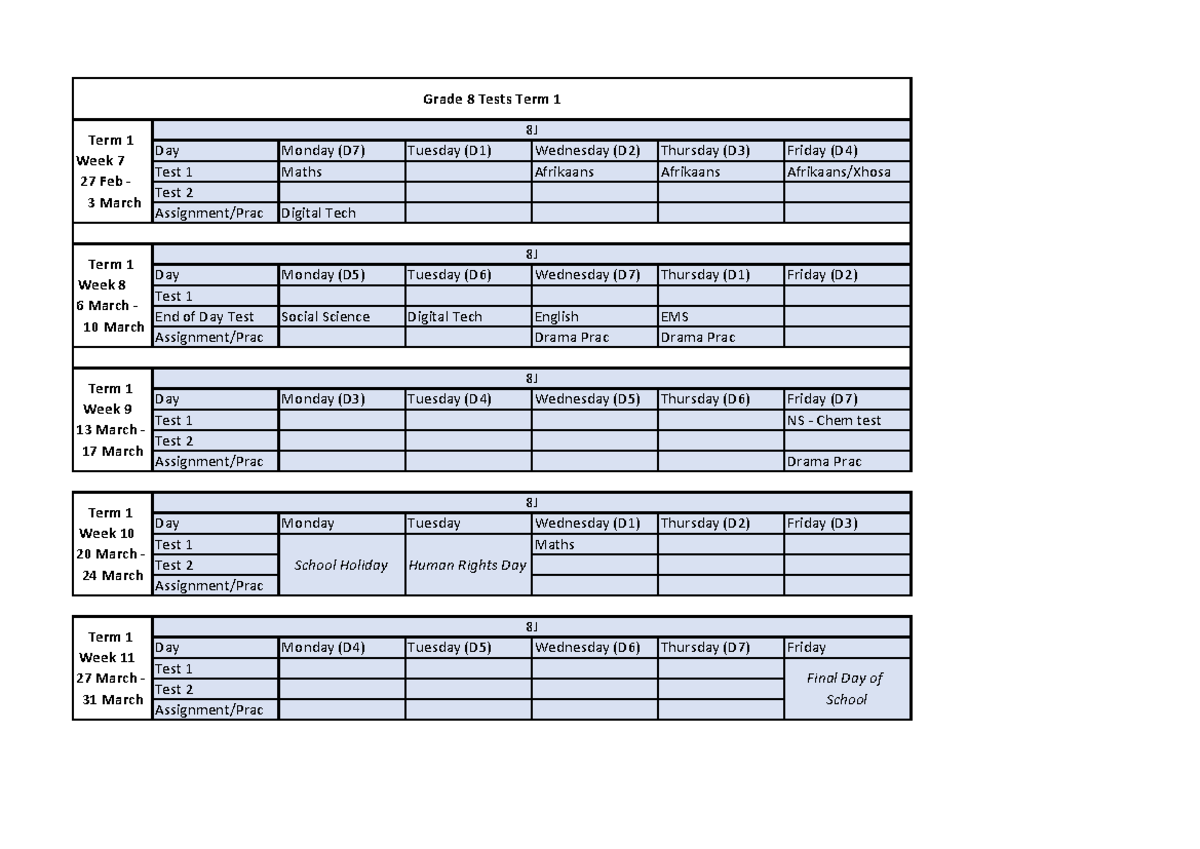 Grade 8 Assessment Term 1 Schedule and Test Dates - Studocu
