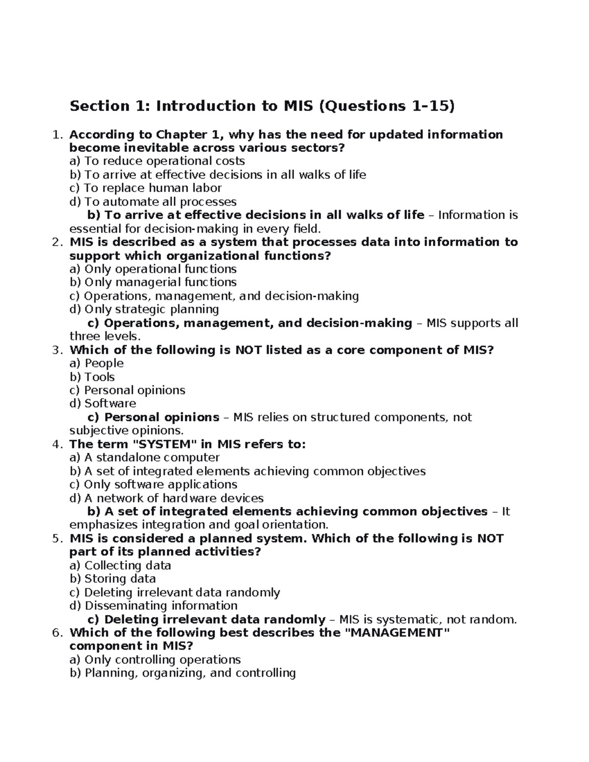 CH 1 Questions for MIS - Understanding Key Concepts and Applications ...