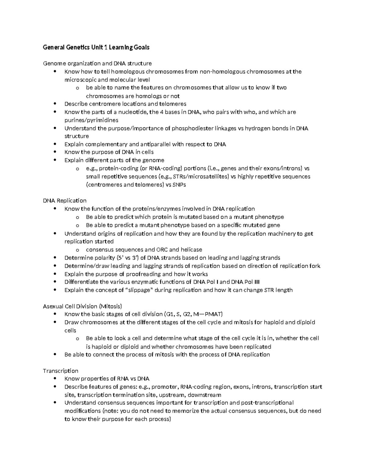 General Genetics Unit 1 Study Guide (DNA, Cell Cycle, Mutations ...
