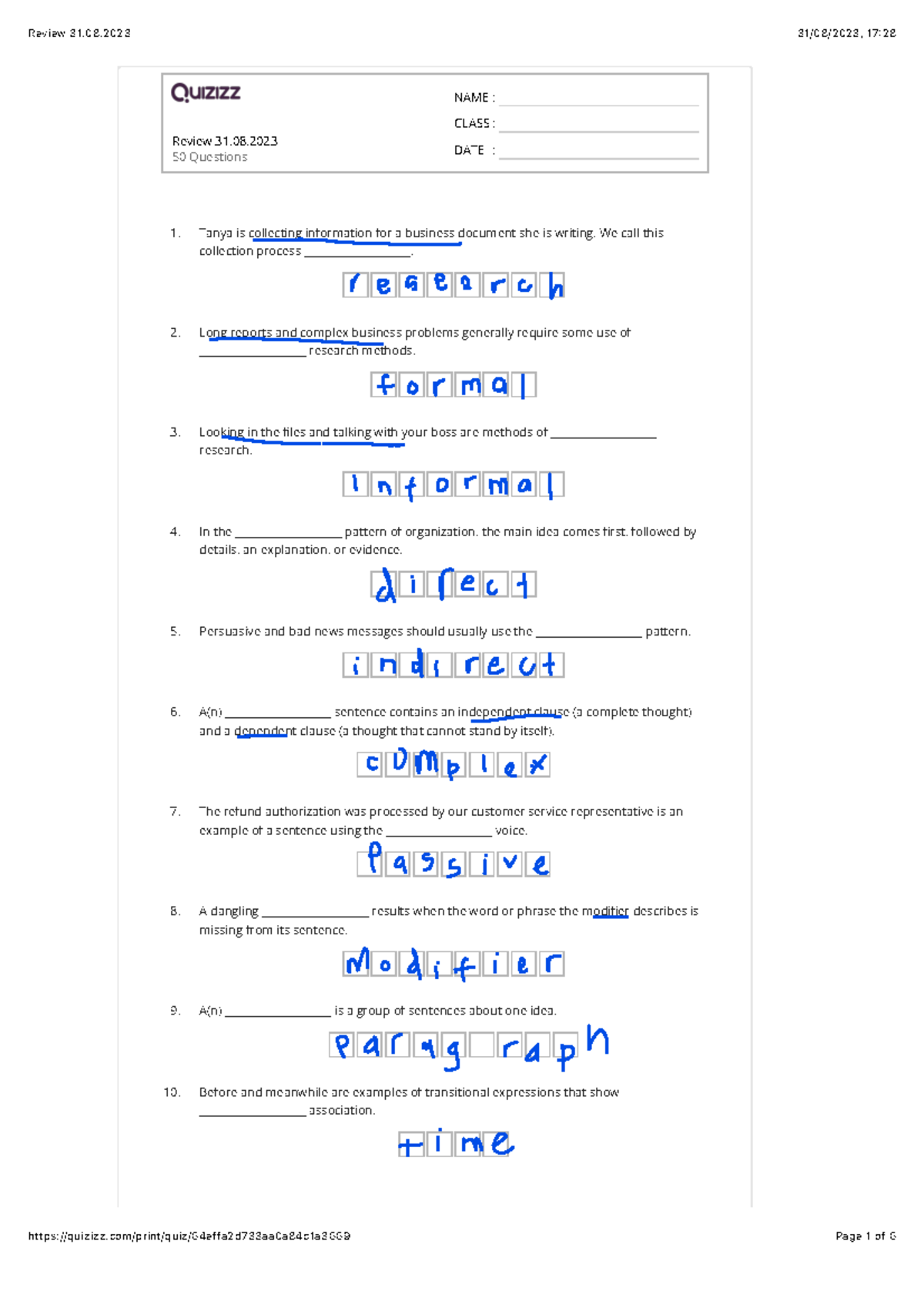 Review Chapter 3 - Review 31. 50 Questions NAME : CLASS : DATE : 1 ...