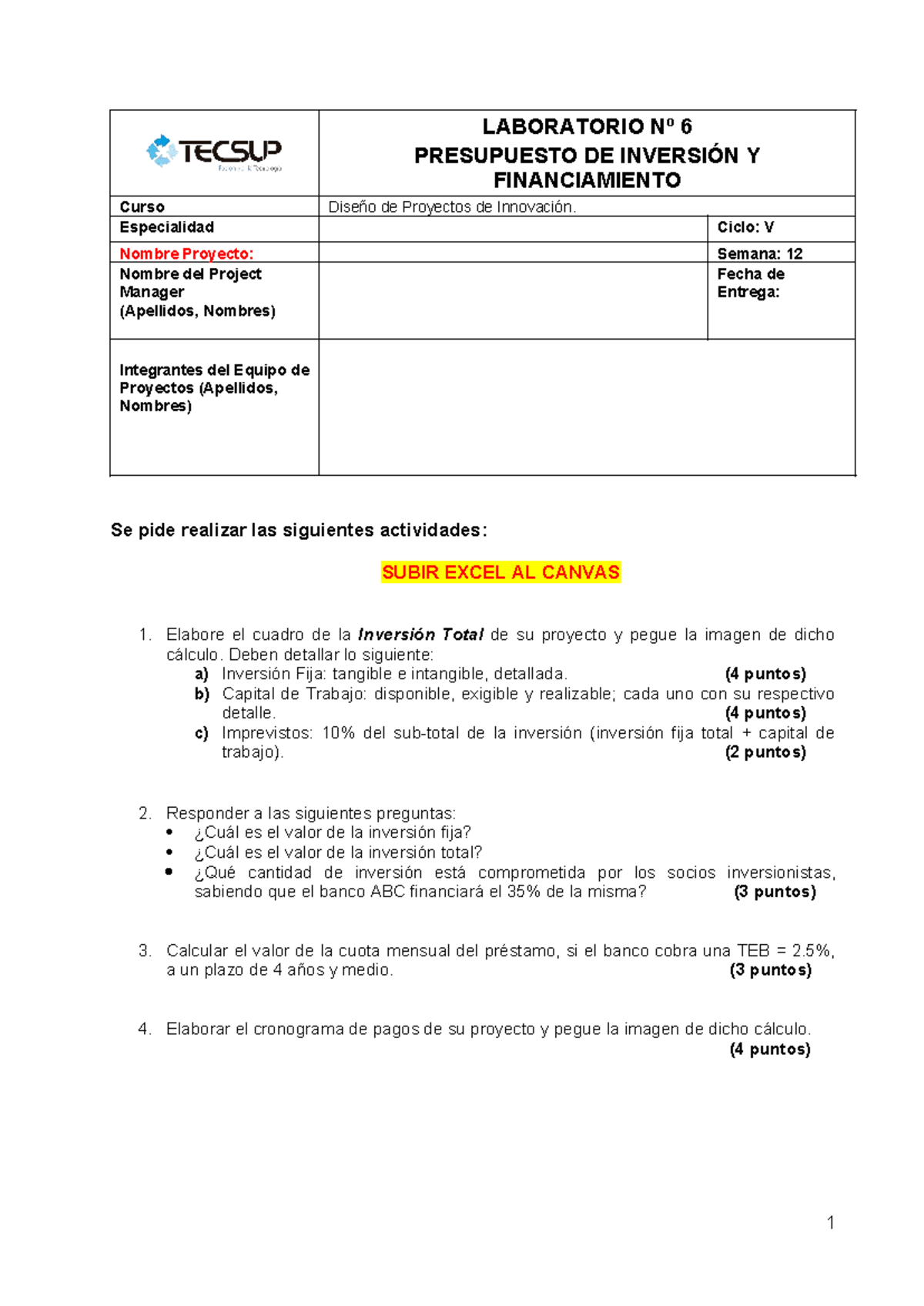 LABORATORIO Nº 6: PRESUPUESTO DE INVERSIÓN Y FINANCIAMIENTO - Diseño de ...