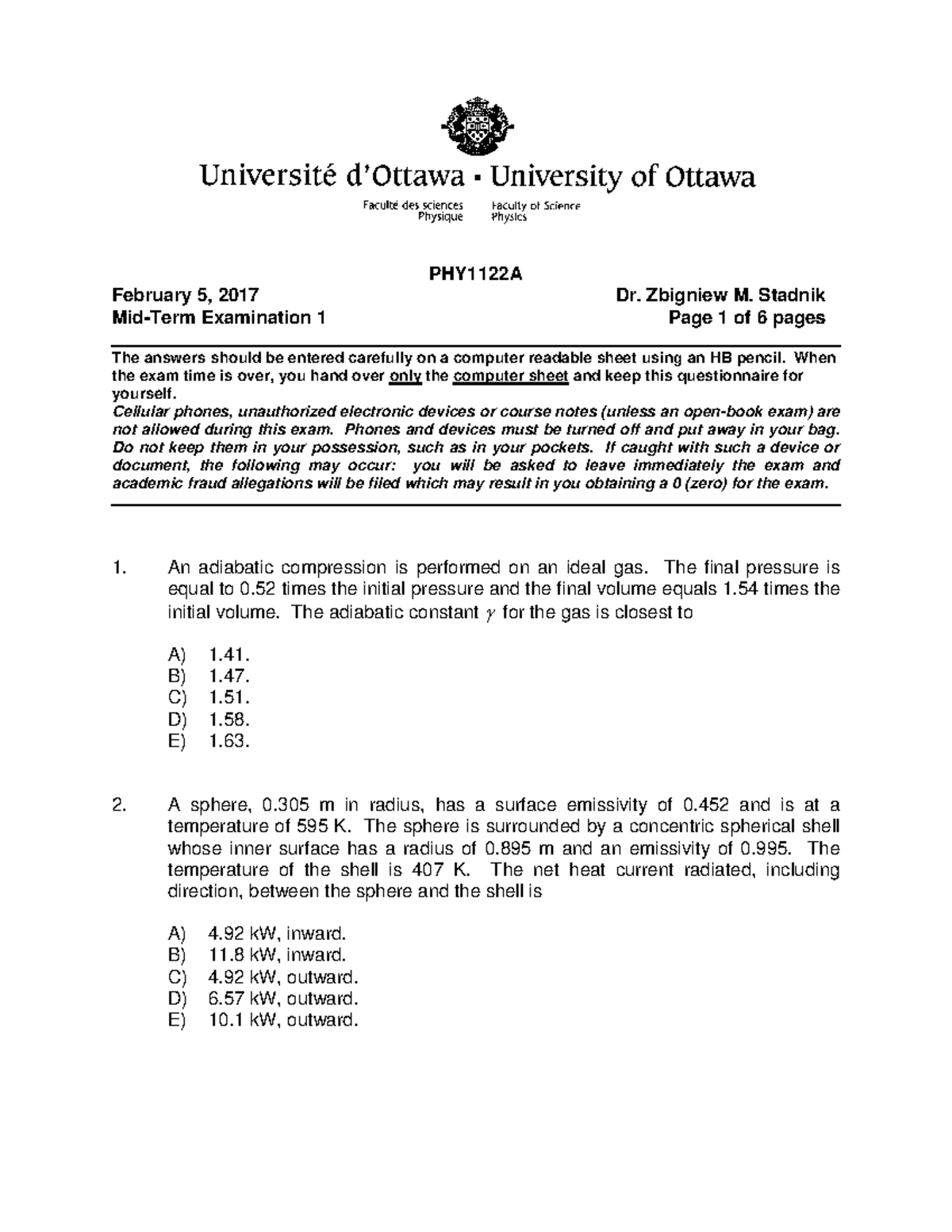 PHY1122A Midterm 1, 2 & Final Exams with Solutions - Dr. Stadnik - Studocu