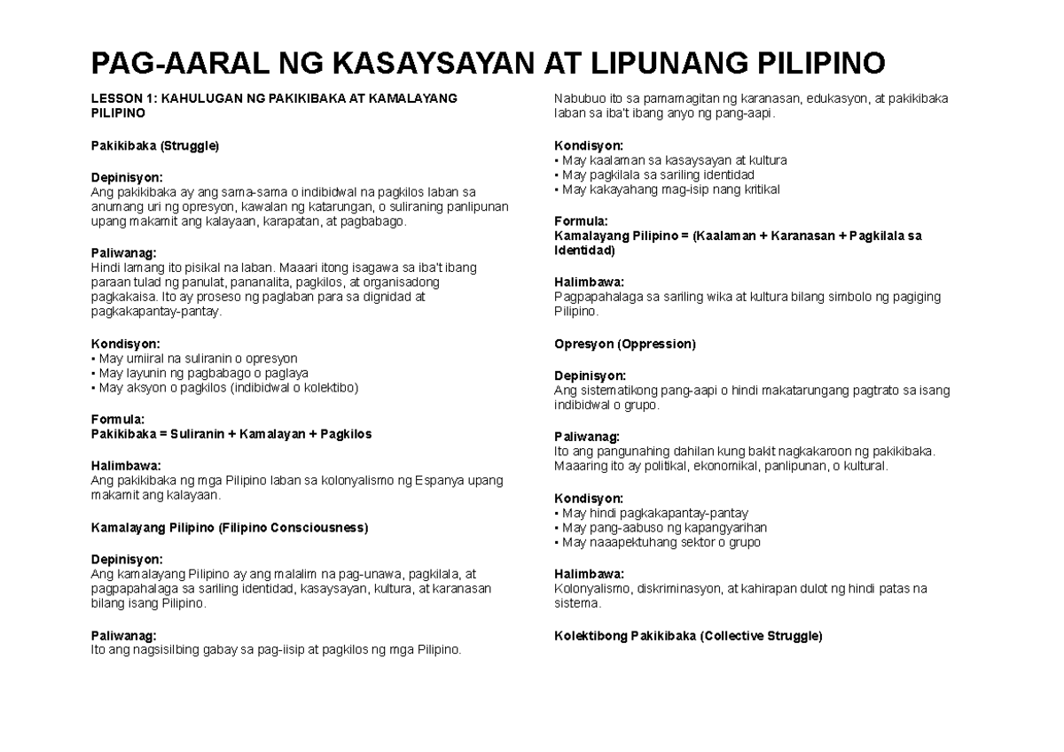 PAG-AARAL NG KASAYSAYAN AT LIPUNANG PILIPINO 2ND TERM LESSON NOTES ...