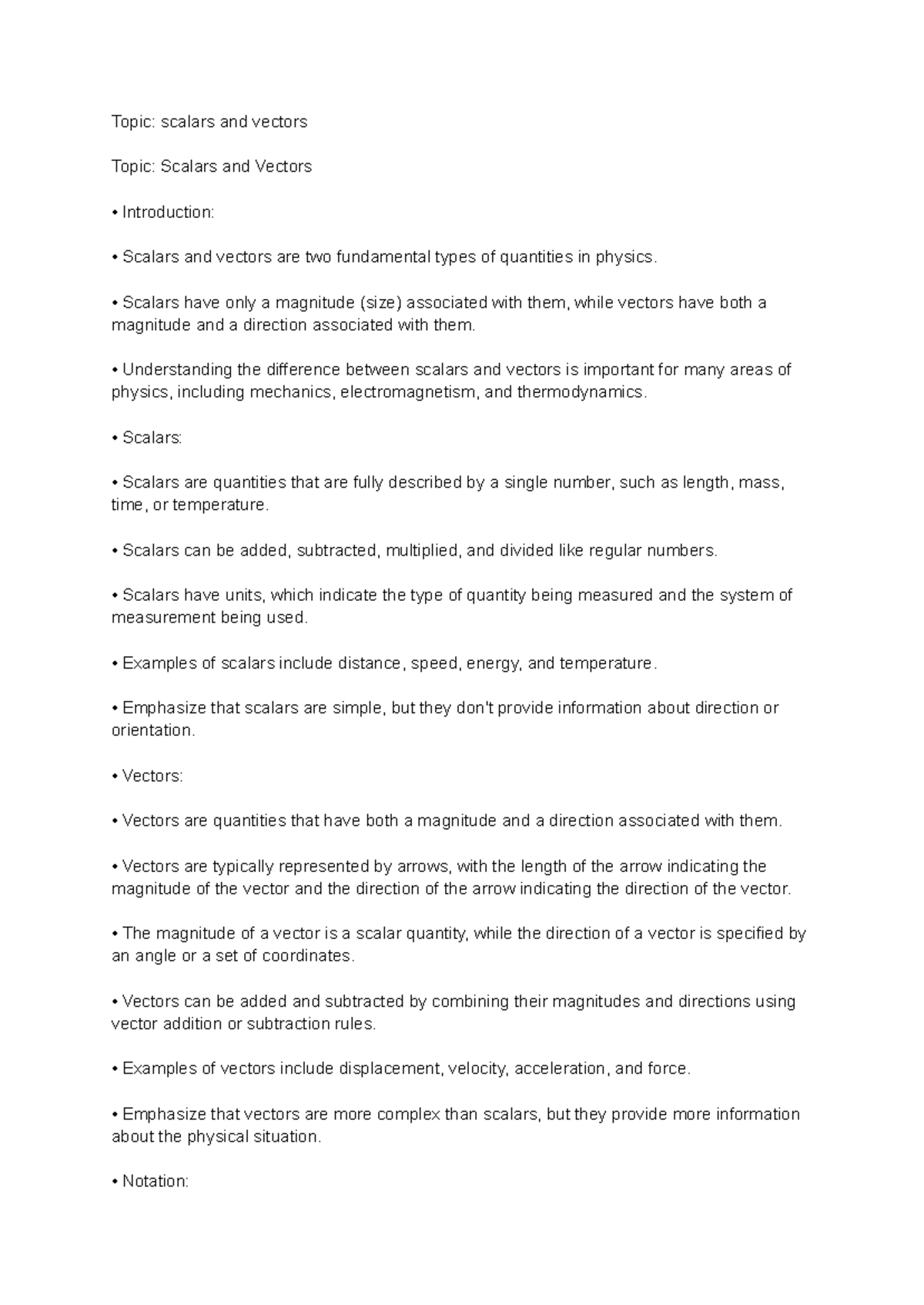 Vectors - lecture notes and important points - Topic: scalars and ...