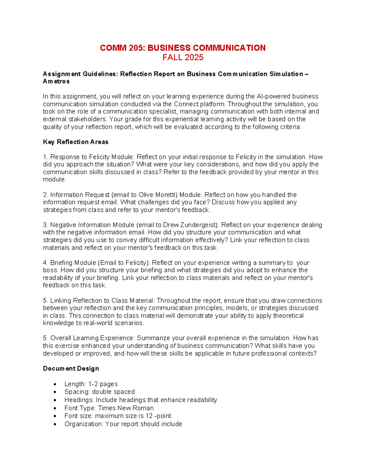 COMM 205: Reflection Report on Business Comm Simulation - Fall 2025 ...