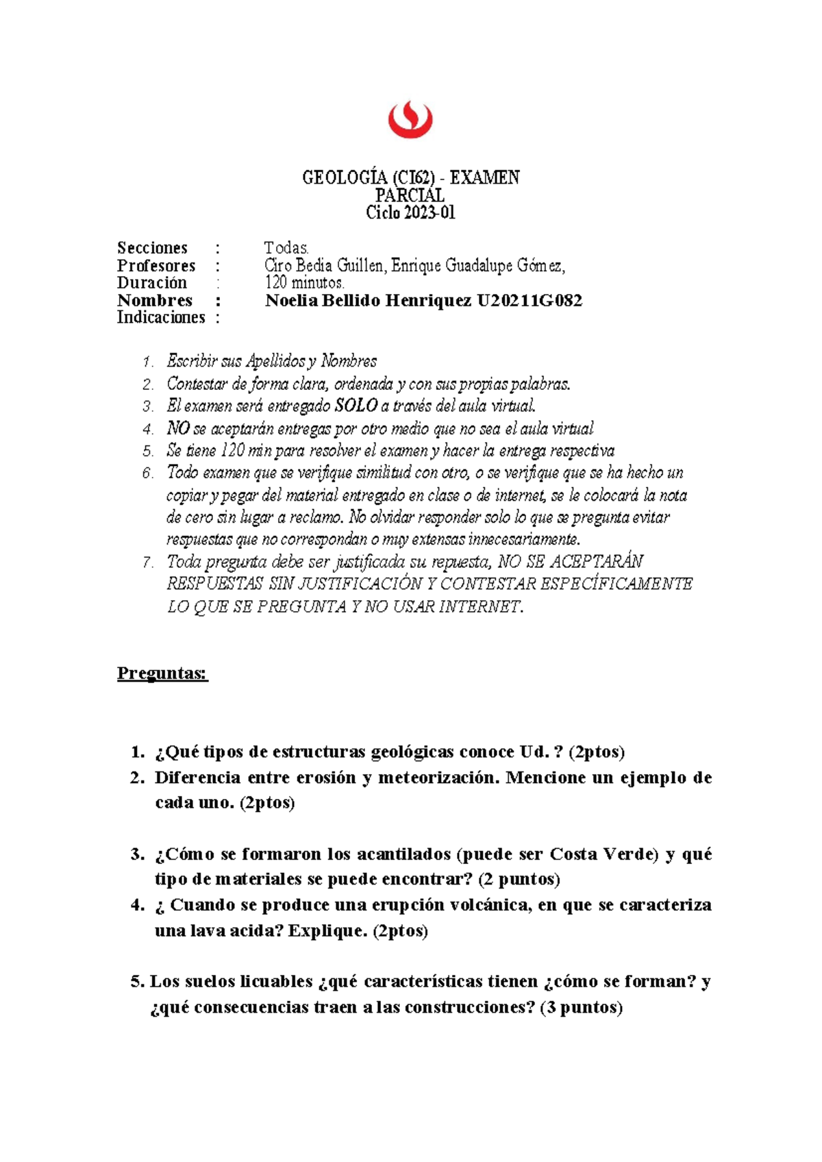 Examen Parcial de Geología CI62 - Ciclo 2023 - Studocu