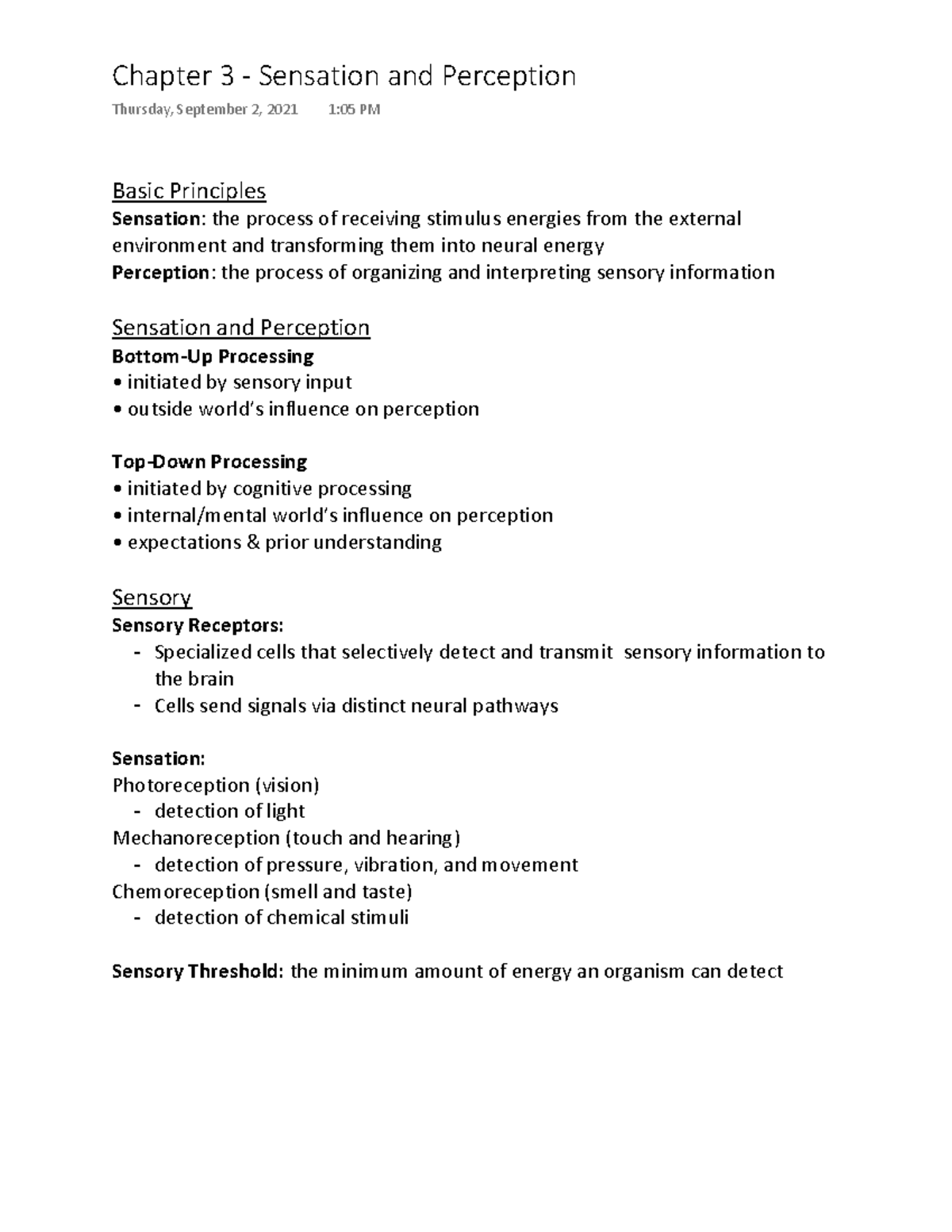 Psyc 101 - Chapter 3: Sensation and Perception Overview - Studocu