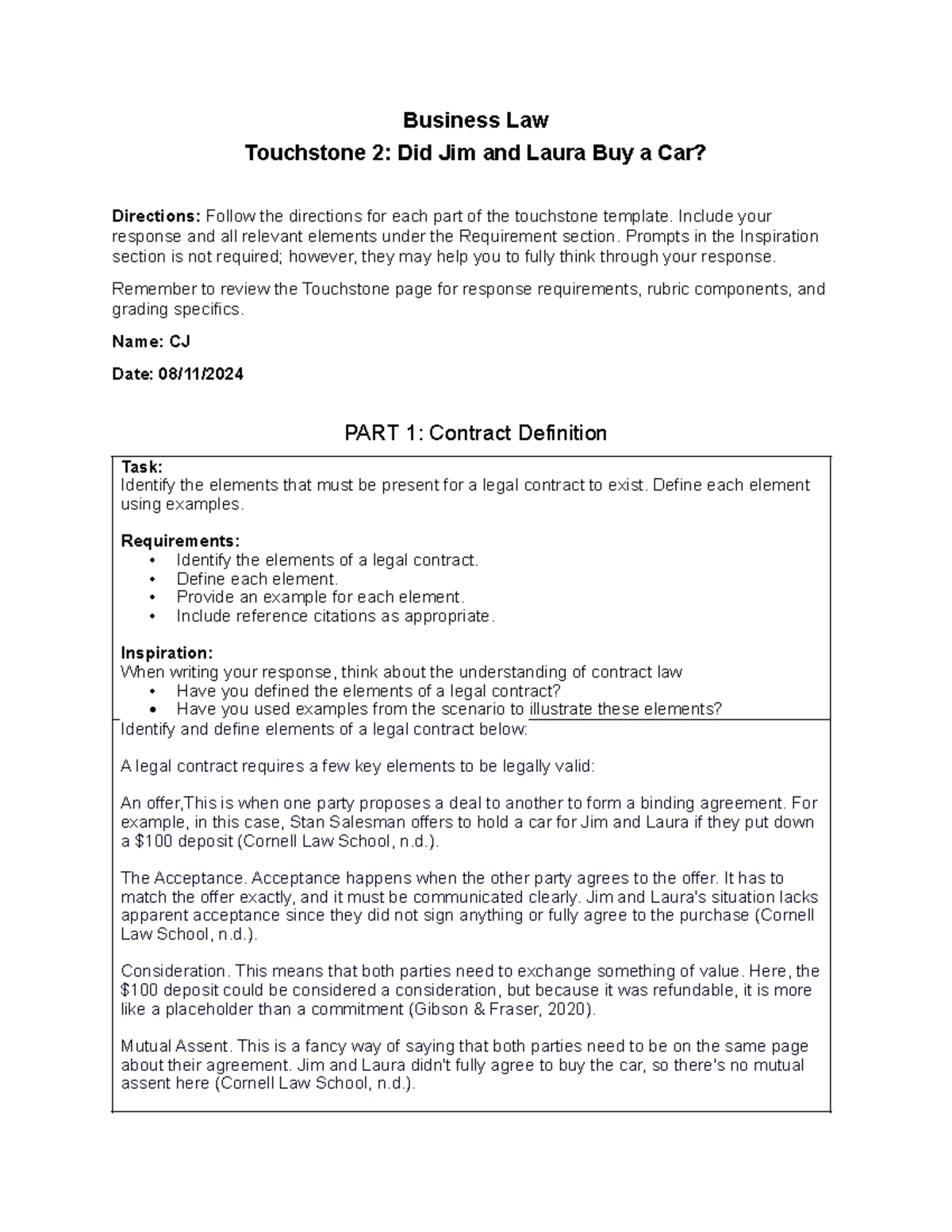 Business Law Touchstone 2: Contract Analysis of Jim and Laura's Case ...