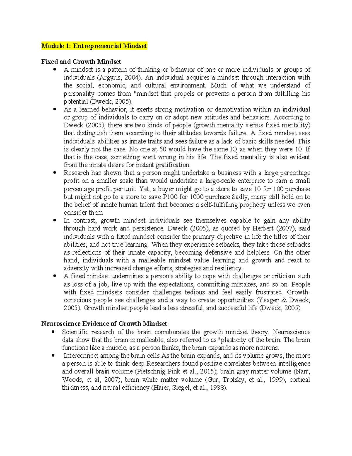 Module 1: Understanding Entrepreneurial Mindset - Fixed vs. Growth - Studocu