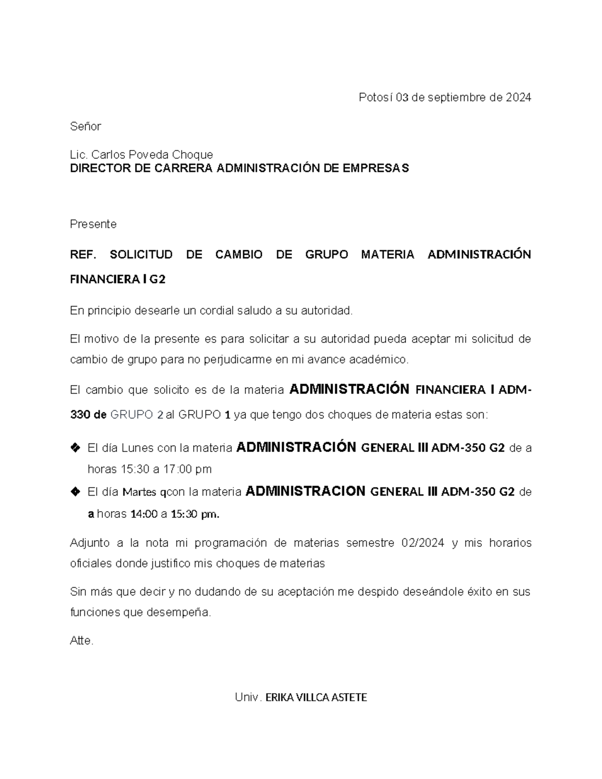Solicitud de Cambio de Grupo para ADM-330 por Conflicto de Horarios ...