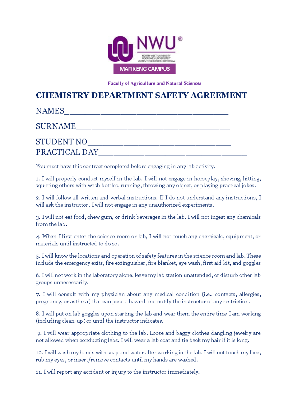 MAFIKENG CAMPUS CHEMISTRY DEPT Lab Safety Agreement for Students - Studocu