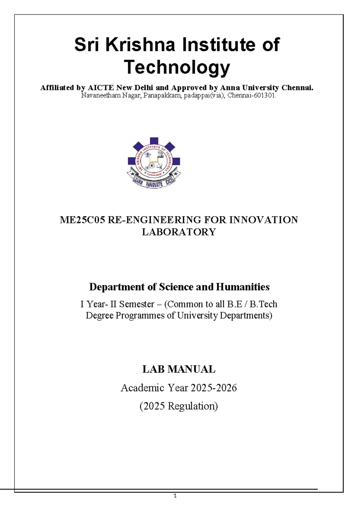 ME25C05 Innovation Laboratory Manual: Reengineering for Innovation ...