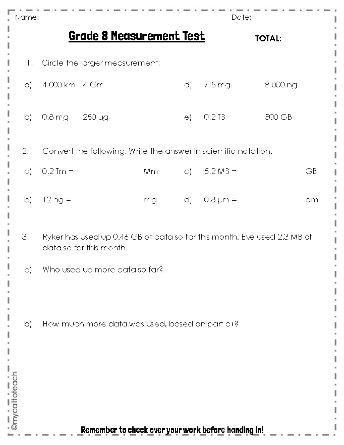 Gr 8 MCTT Measurement Test: Understanding Measurements and Data - Studocu