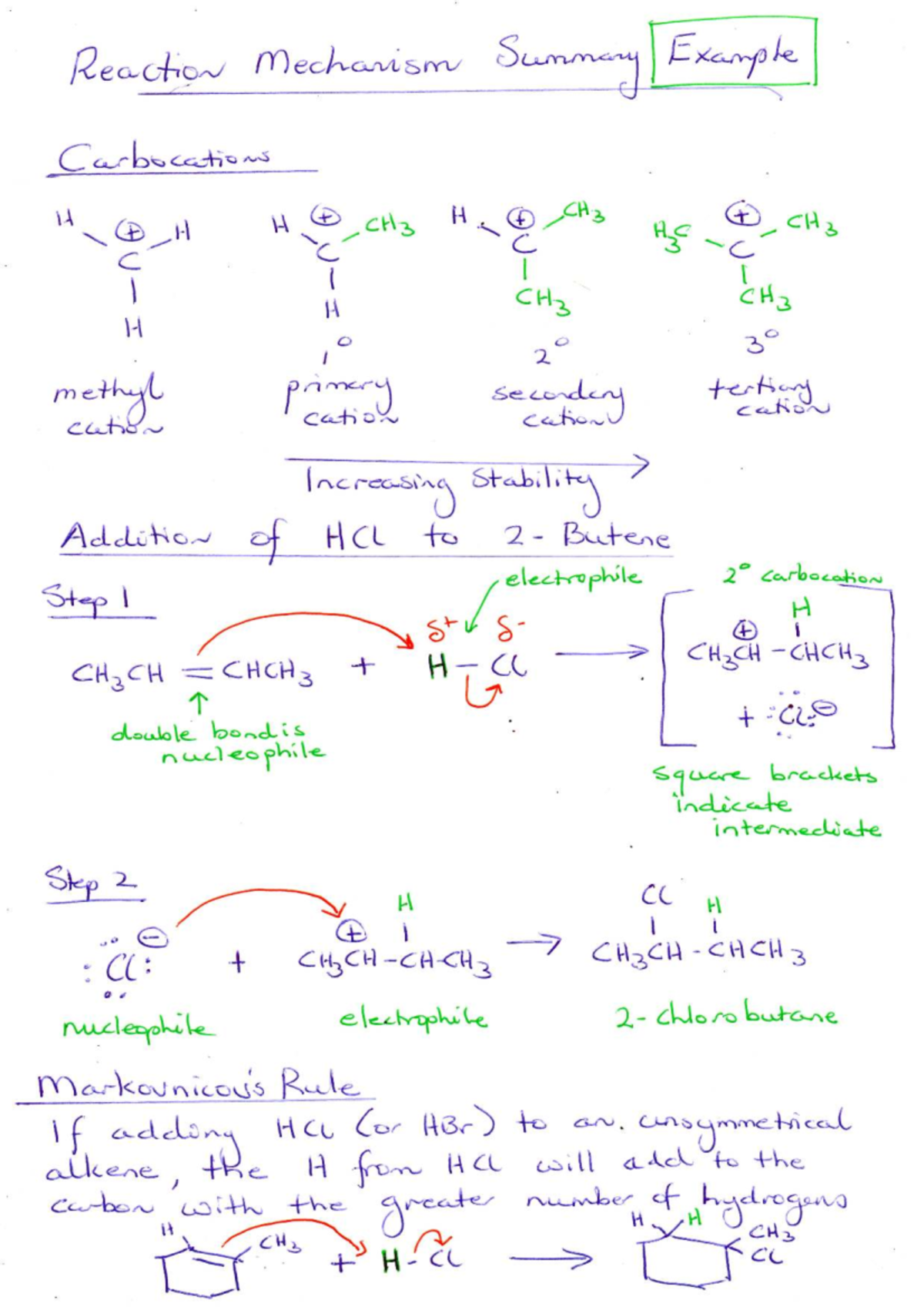 Example Reaction Mechanism Summary: Carbocations & HCl Addition - Studocu