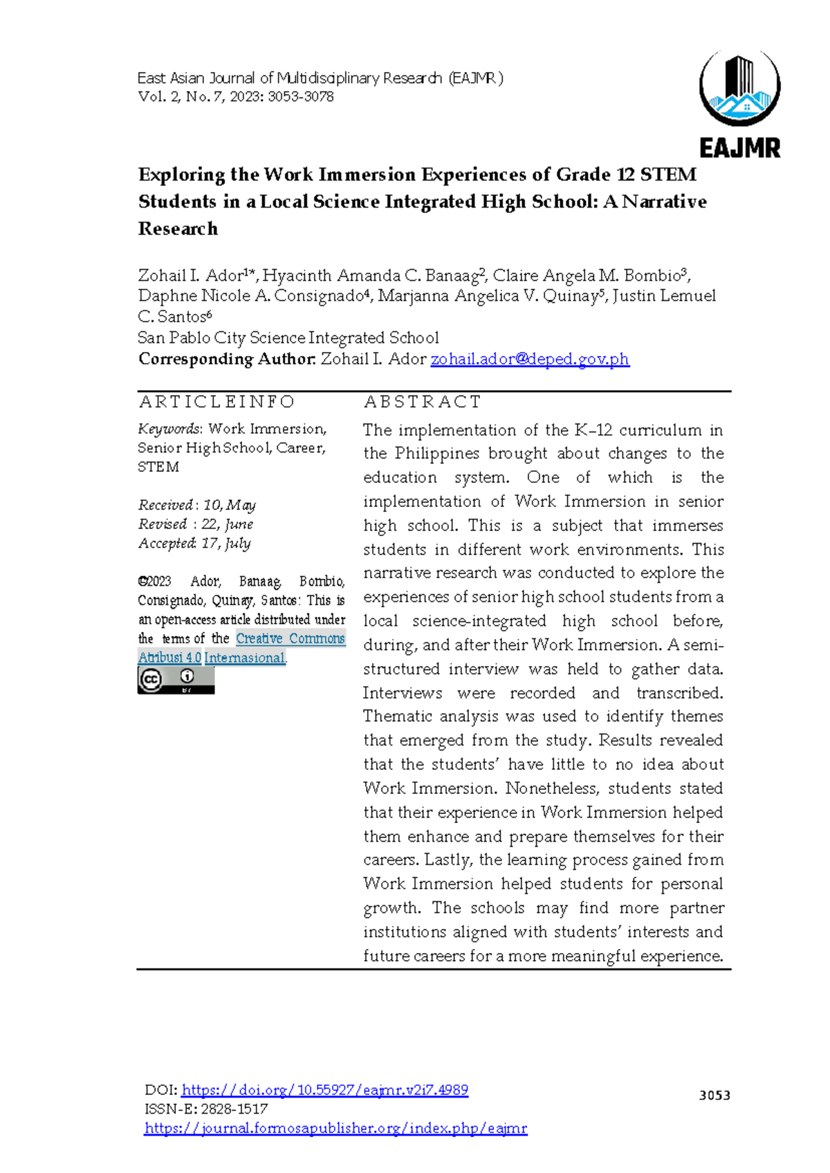 Exploring Work Immersion Experiences of Grade 12 STEM Students (EAJMR ...