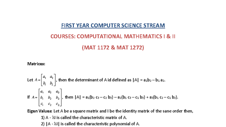 Mathematics Formula Book for First Year CS Stream (MAT 1172 MAT 1272 ...
