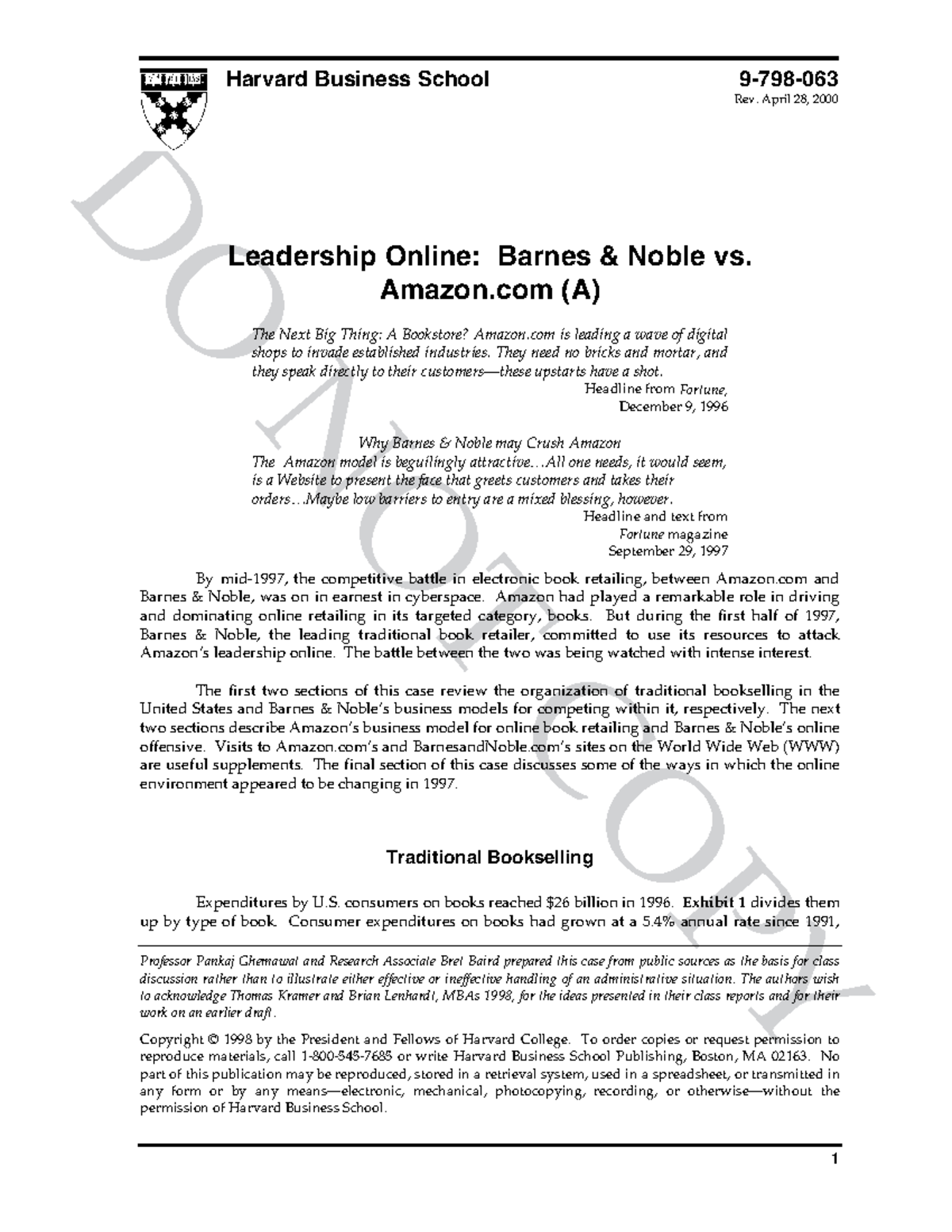HBS Case Study: Leadership Online - Barnes & Noble vs. Amazon.com - Studocu