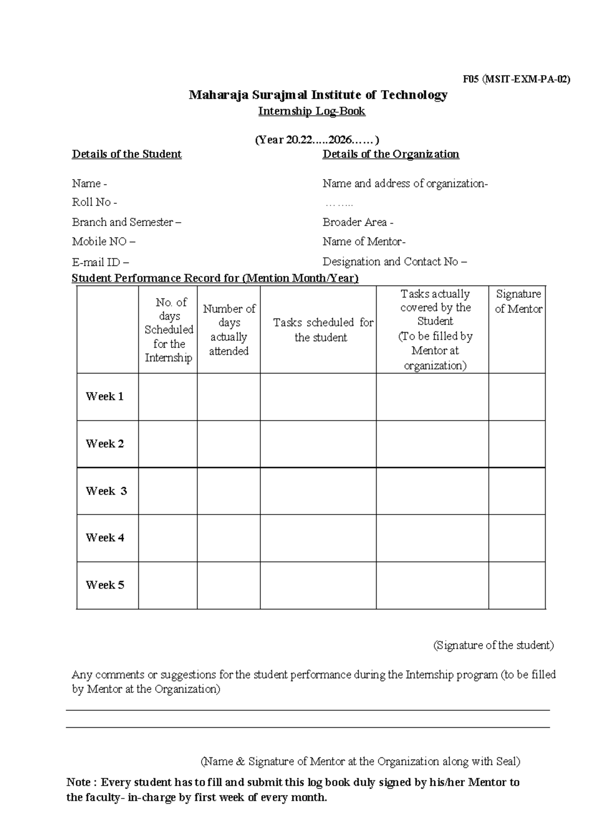 MST F05 Internship Log Book - Weekly Report 1 - Studocu