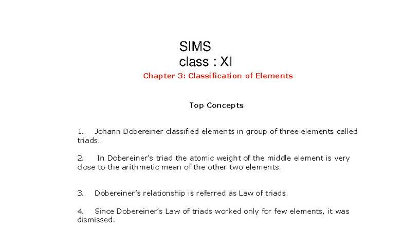 SIMS Class XI: Chapter 3 - Classification of Elements Notes - Studocu
