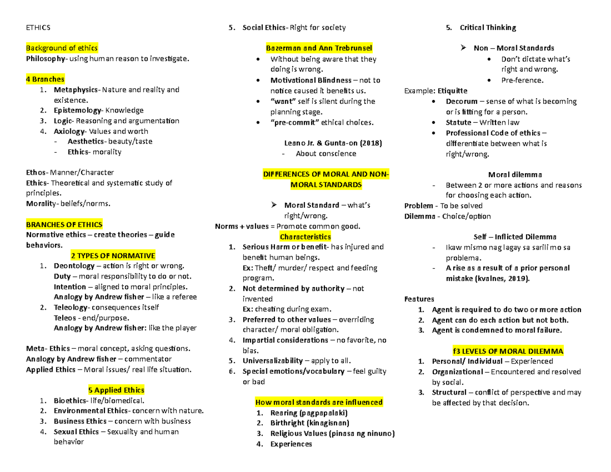 Ethics( reviewer for midterms) - ETHICS Background of ethics Philosophy ...