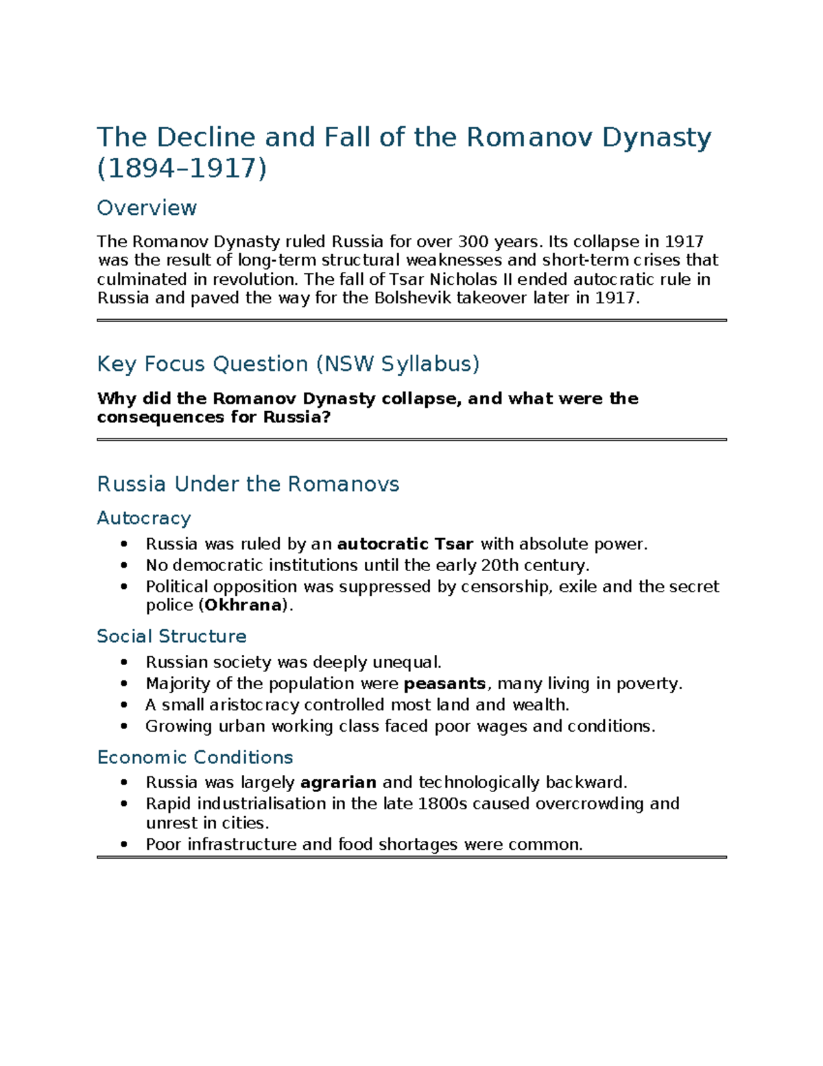 NSW Preliminary Modern History: Decline & Fall of the Romanov Dynasty ...