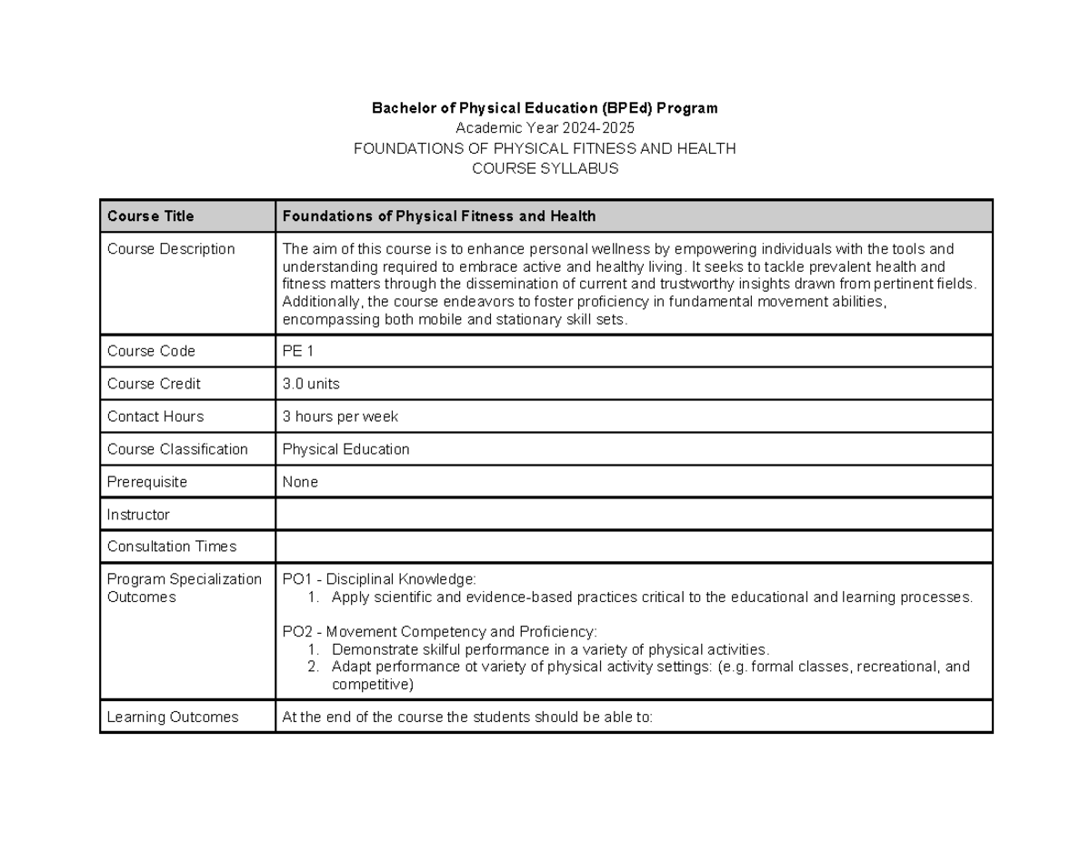 Syllabus for PE 1 - Foundations of Physical Fitness and Health - Studocu