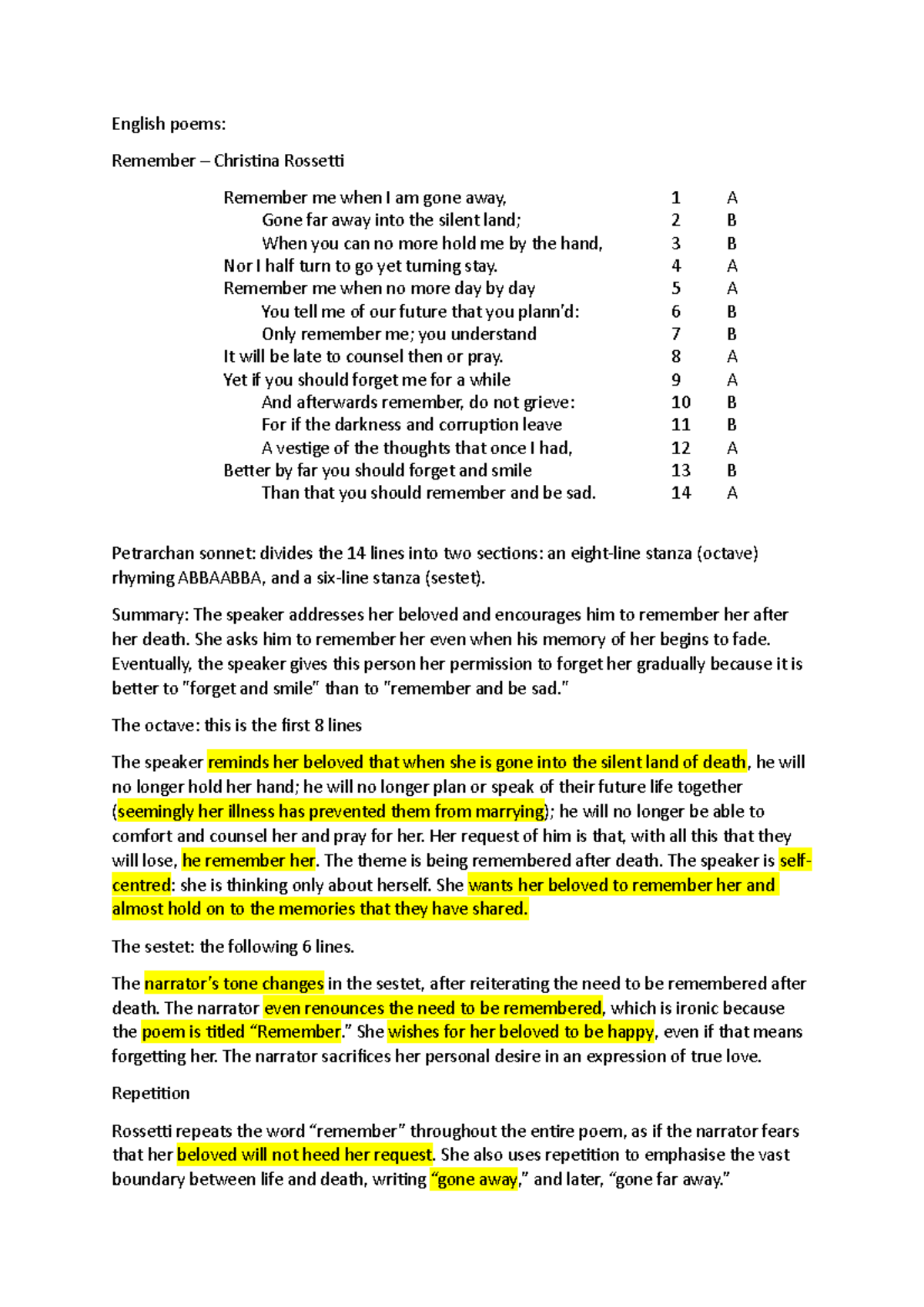 Remember - Poem and notes - English poems: Remember – Christina Rosset ...