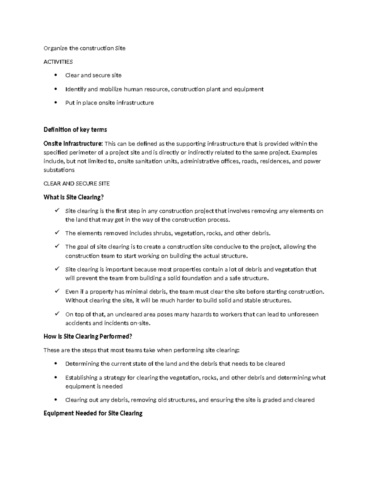 Construct - Lecture Notes on Site Activities and Clearing Techniques ...
