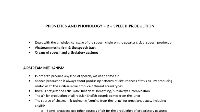 Phonetics and Phonology 2: Speech Production Mechanisms and ...