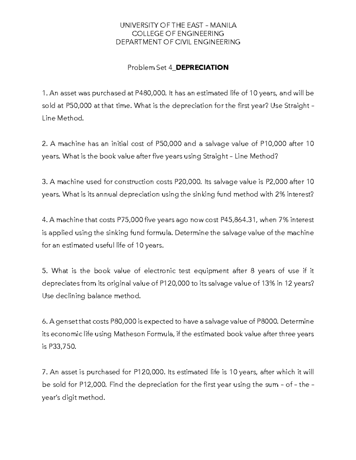 CE 101 Problem Set 4: Depreciation Calculations and Methods - Studocu