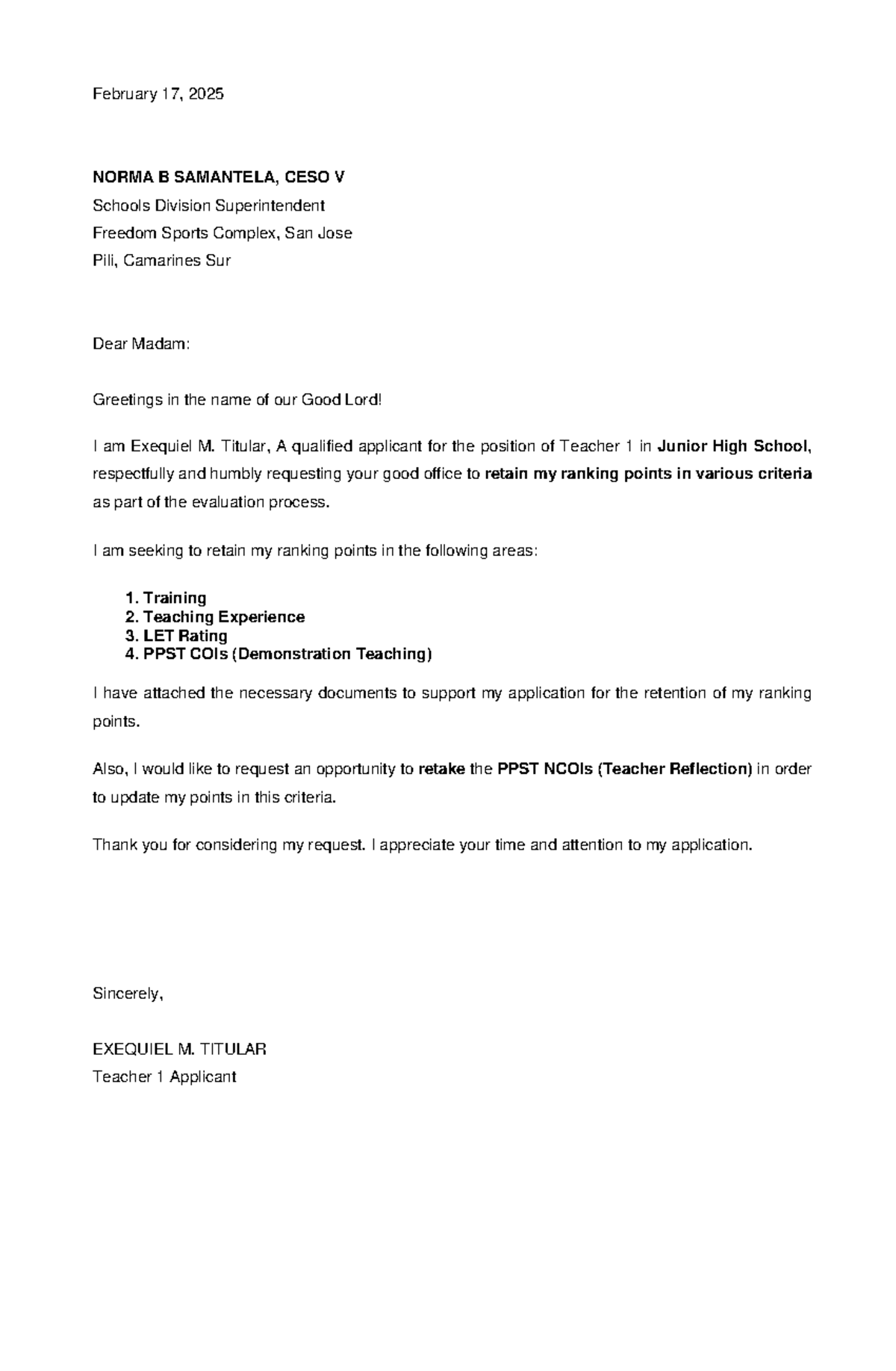 Letter of Intent for Ranking Retention - Teacher 1 Application Feb 2025 ...