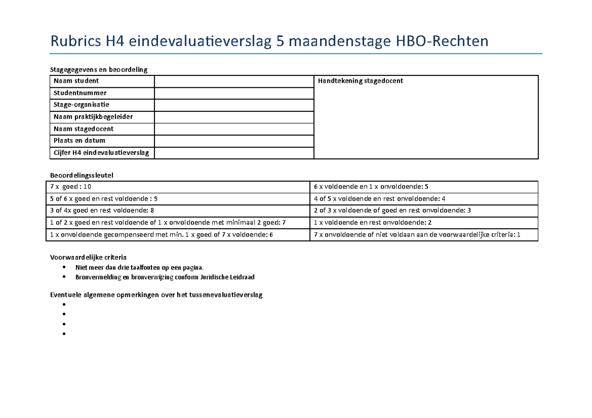 H4 Eindevaluatieverslag van 5 Maanden Stage - HBO-Rechten Rubrics - Studeersnel