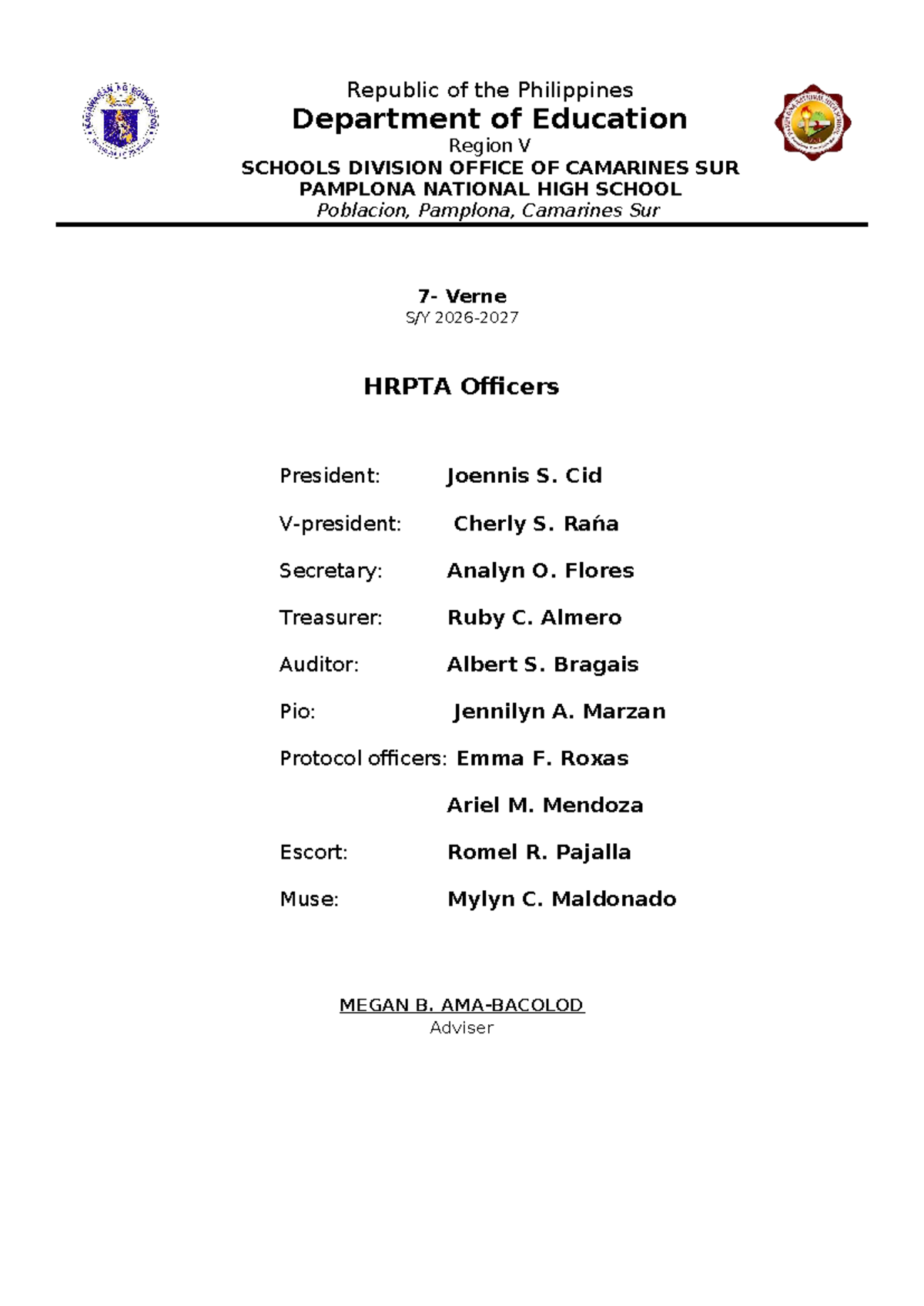 7-Verne HRPTA & Classroom Officers List - Studocu