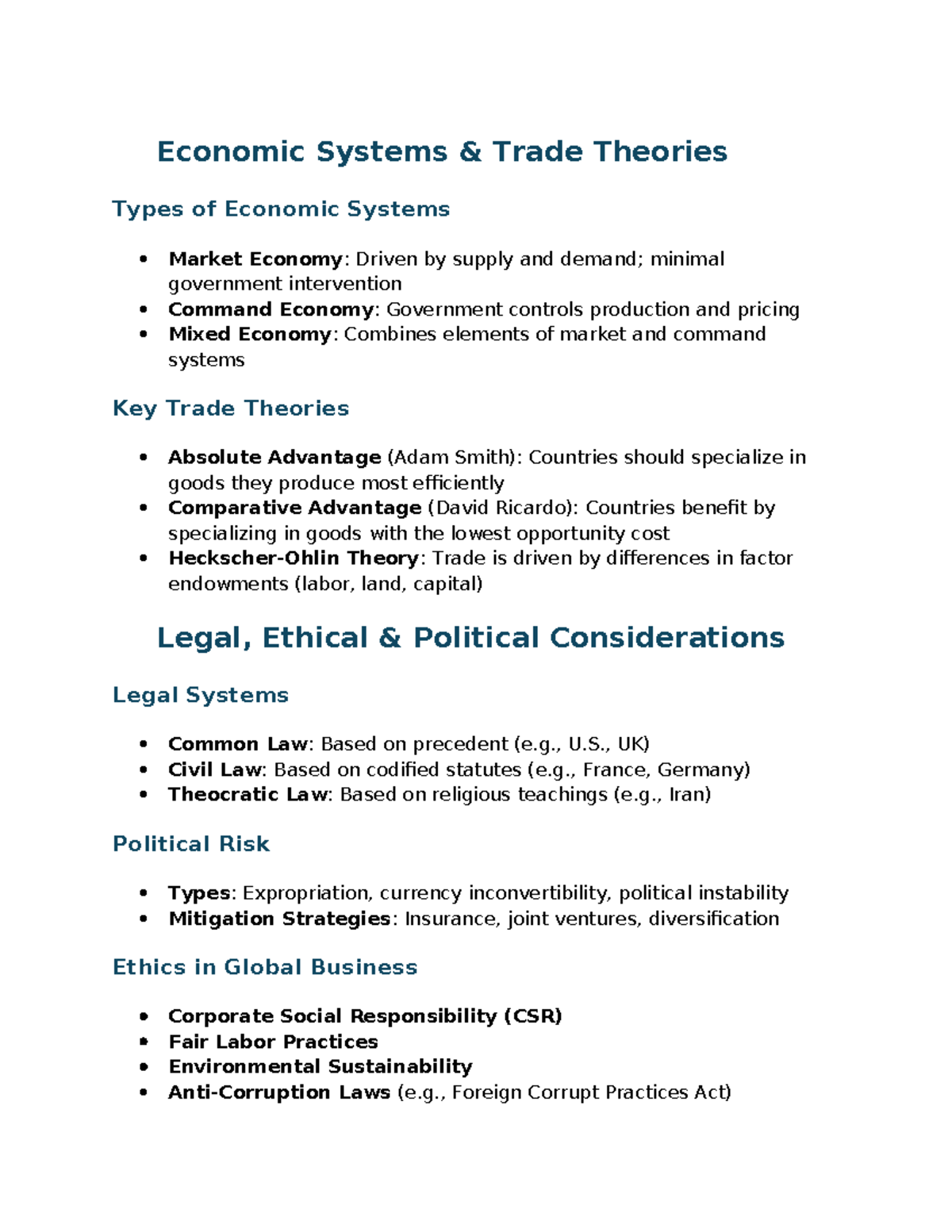 Economic Systems & Trade Theories Study Guide DO80 - Studocu