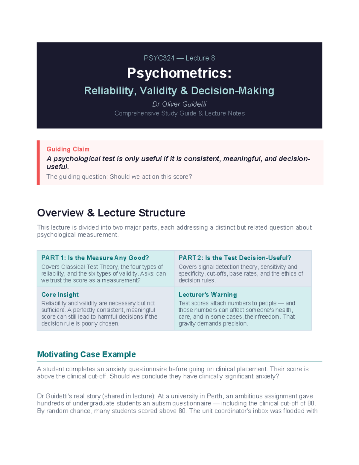 PSYC324 Lecture 8 Study Guide: Psychometrics, Reliability & Validity ...