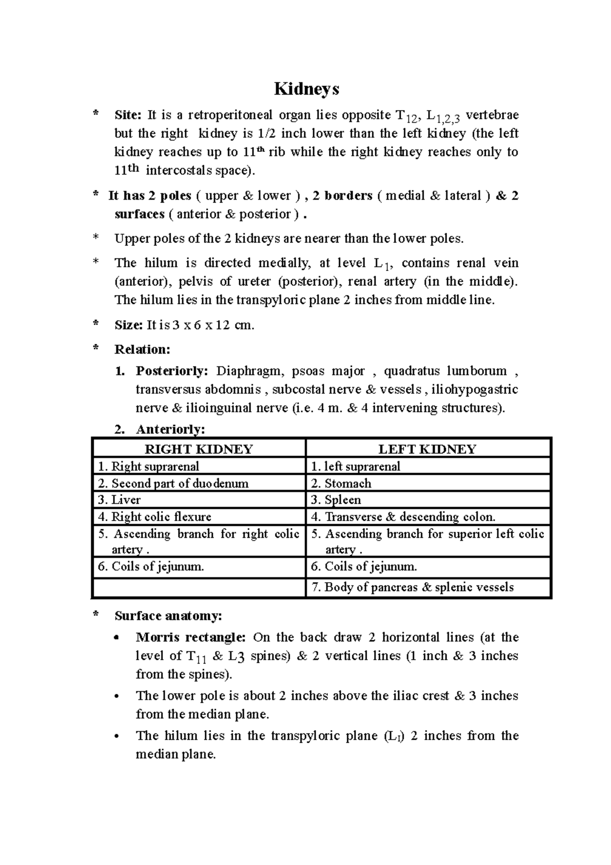 Anatomy of Kidney - Notes - Kidneys Site: It is a retroperitoneal organ ...