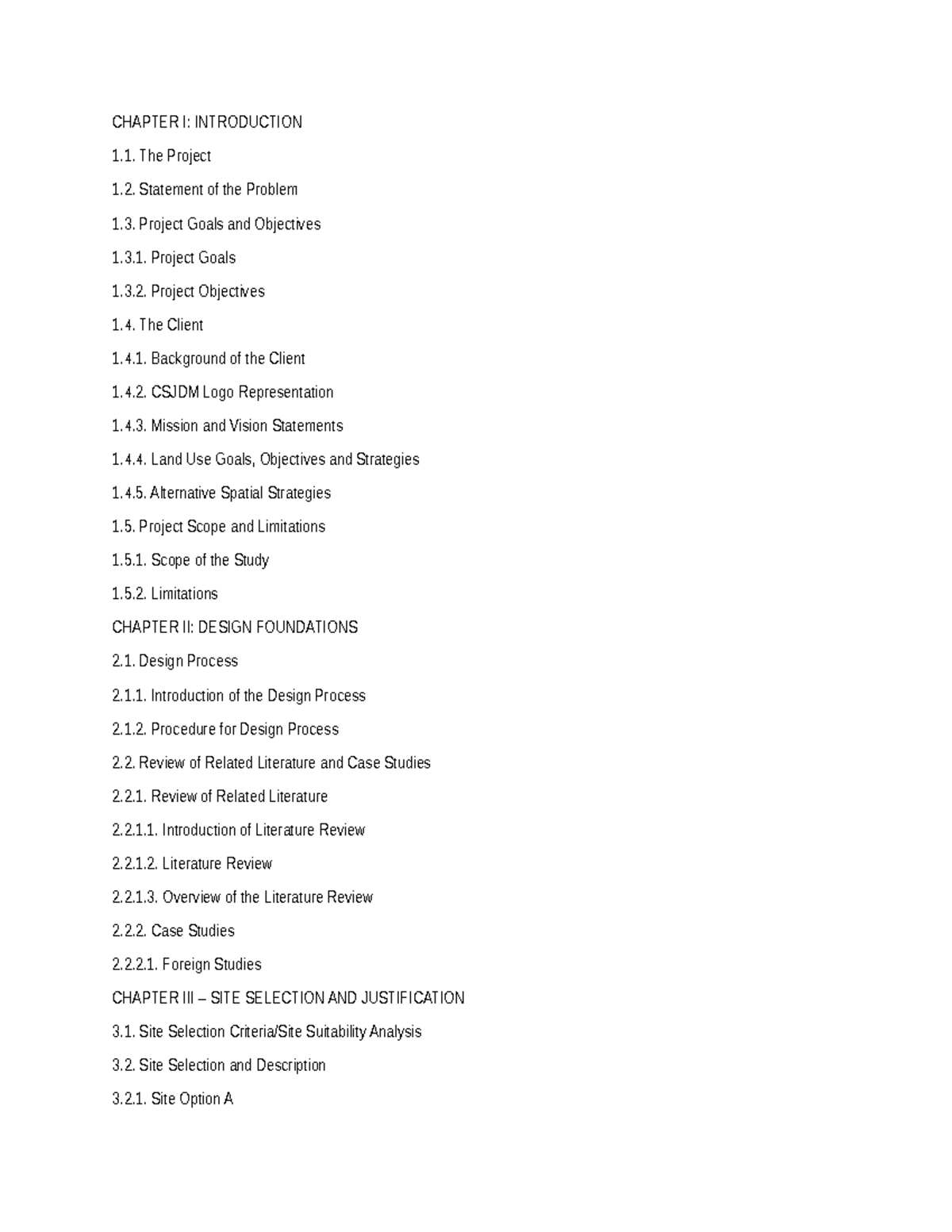 Thesis Table of Contents: Project Design & Site Selection Overview ...