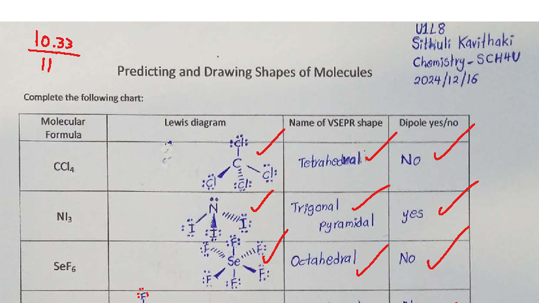 SCH4U U1L8 Assignment: Predicting & Drawing Molecular Shapes - Studocu