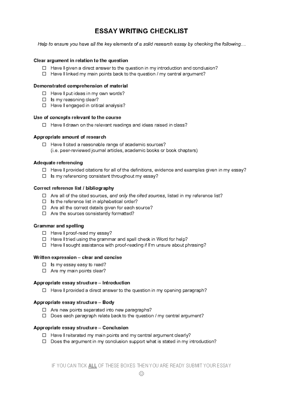 Essay Writing Checklist for Research Essays - 1 - Studocu