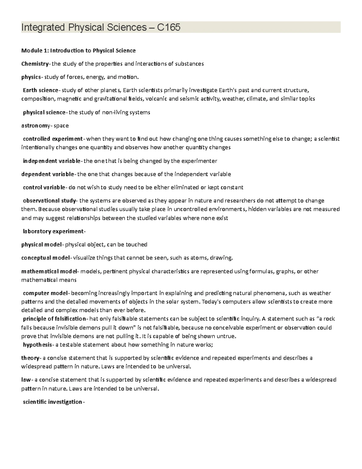 Complete Study guide for Integrated Physical Sciences - C165 ...