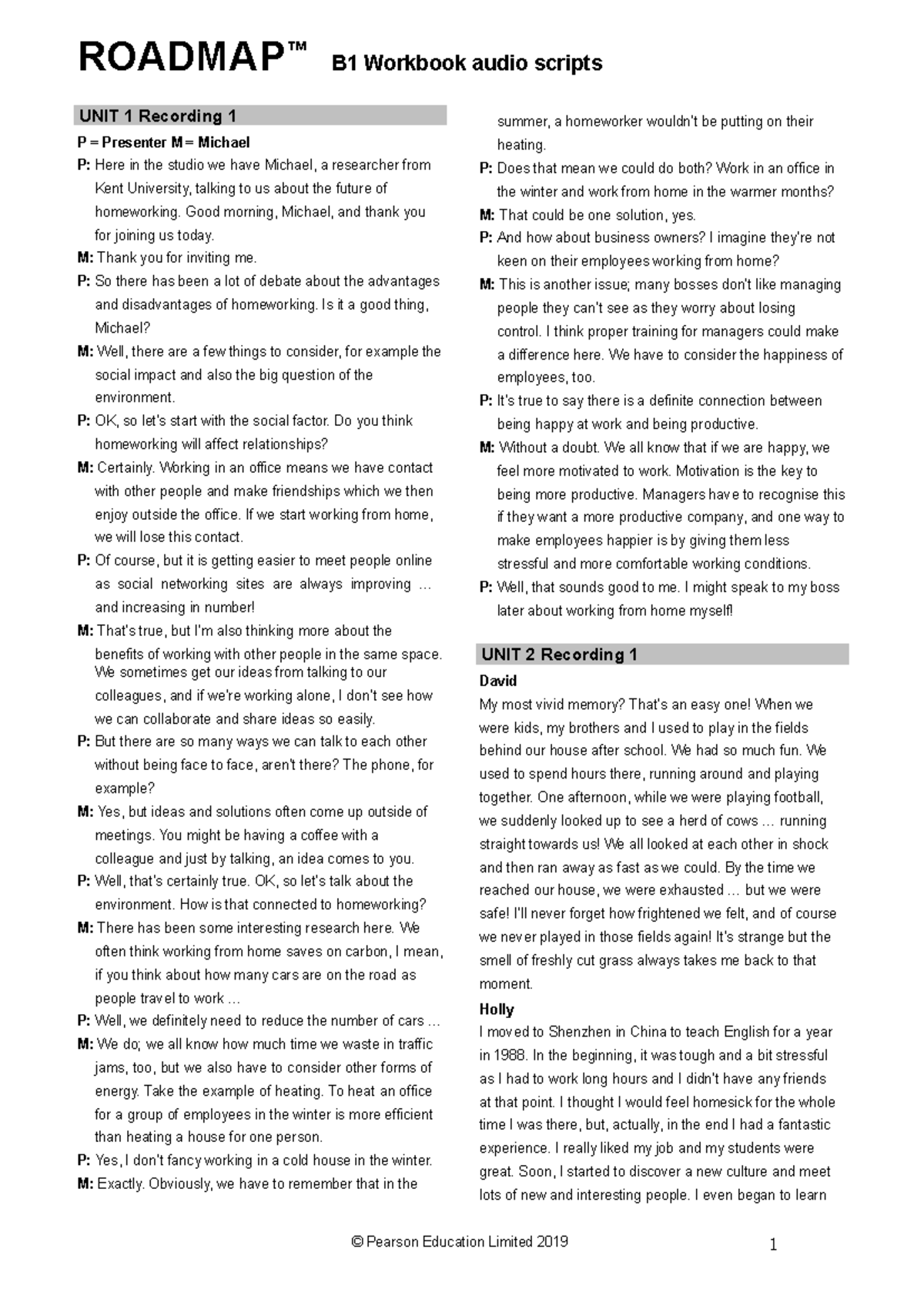 B1 Workbook Audio Scripts - Unit 1 to Unit 9 Overview - Studocu