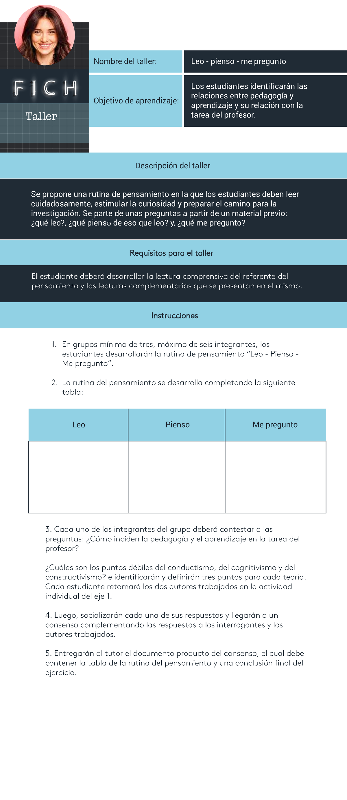 Taller: Leo, Pienso, Me Pregunto - Relación entre Pedagogía y Aprendizaje - Studocu