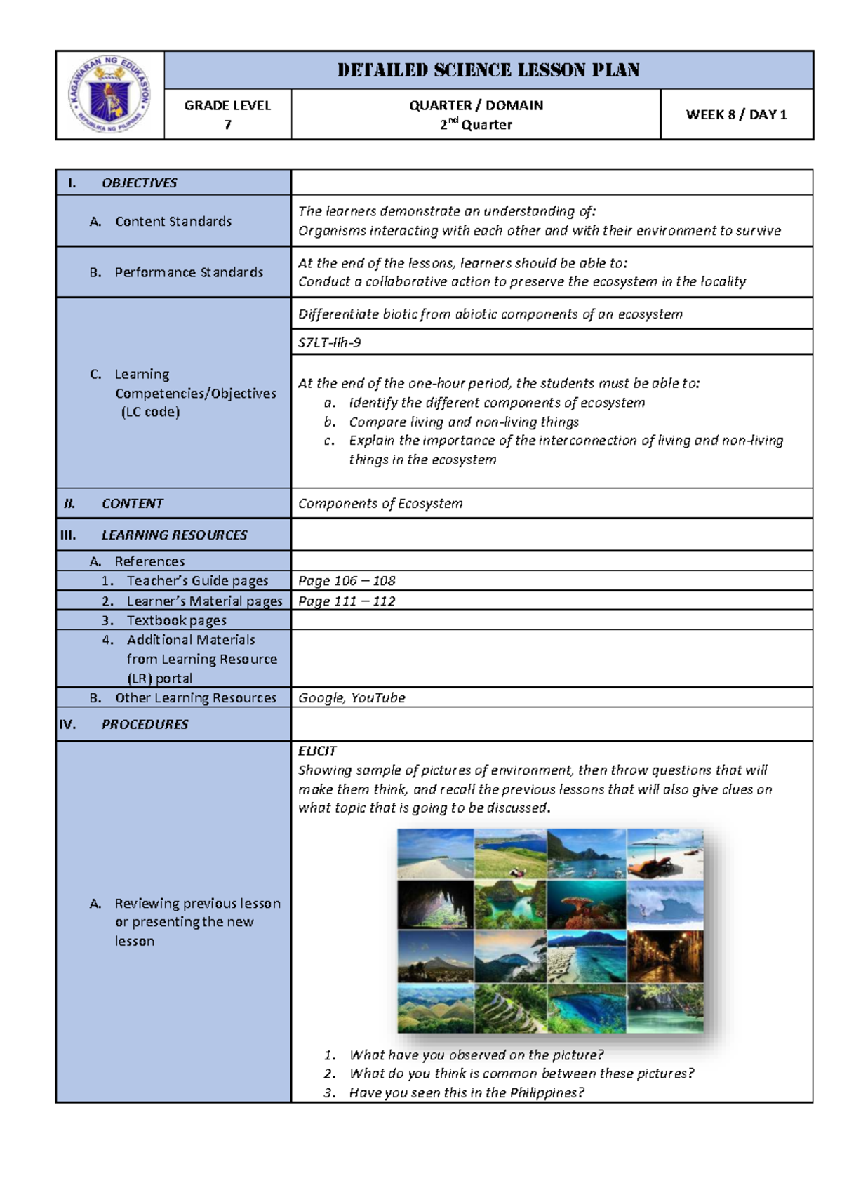Detailed Science Lesson Plan for Grade 7: Ecosystem Interactions - Studocu