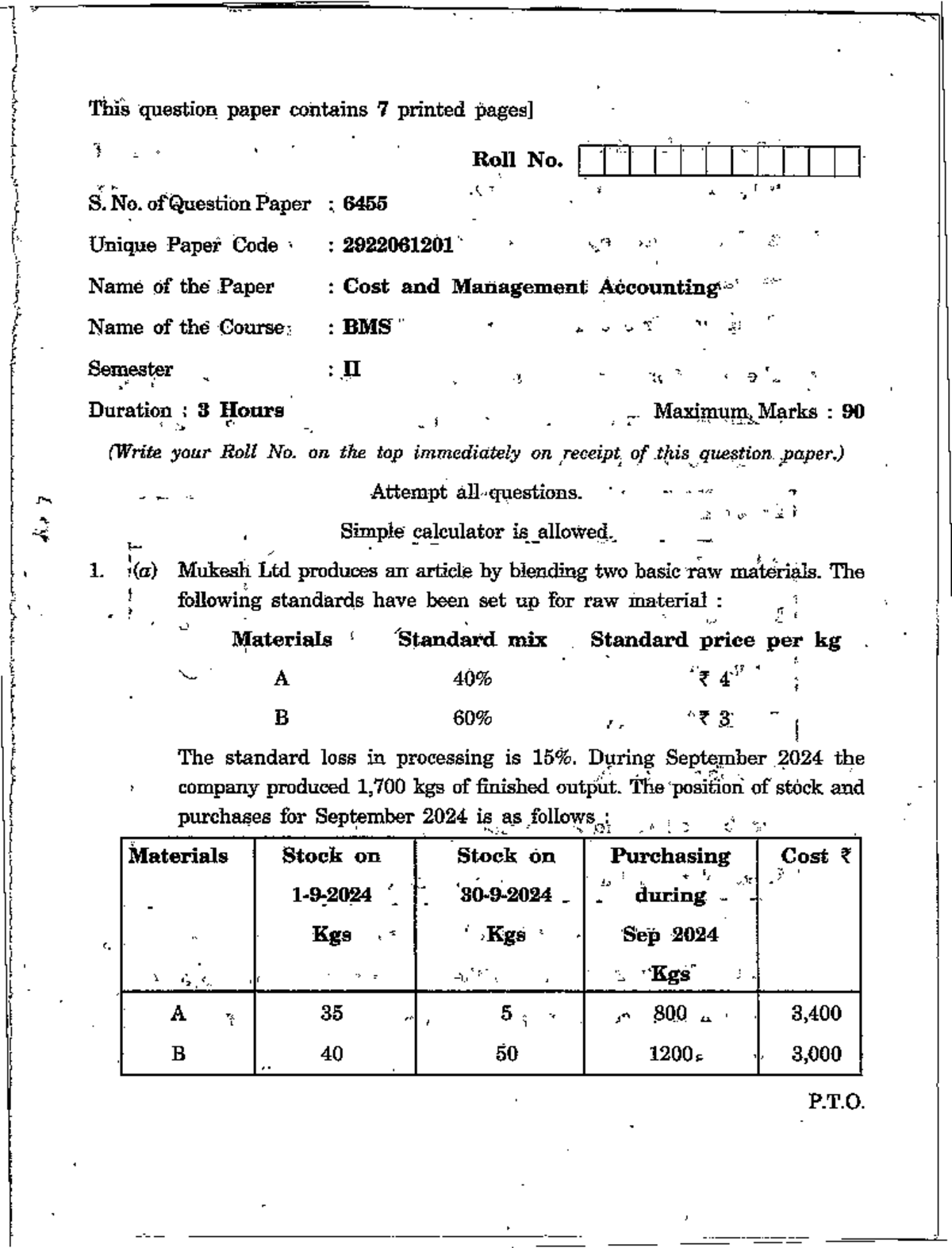 Cost and Management Accounting 6455: Question Paper for Semester 4 ...